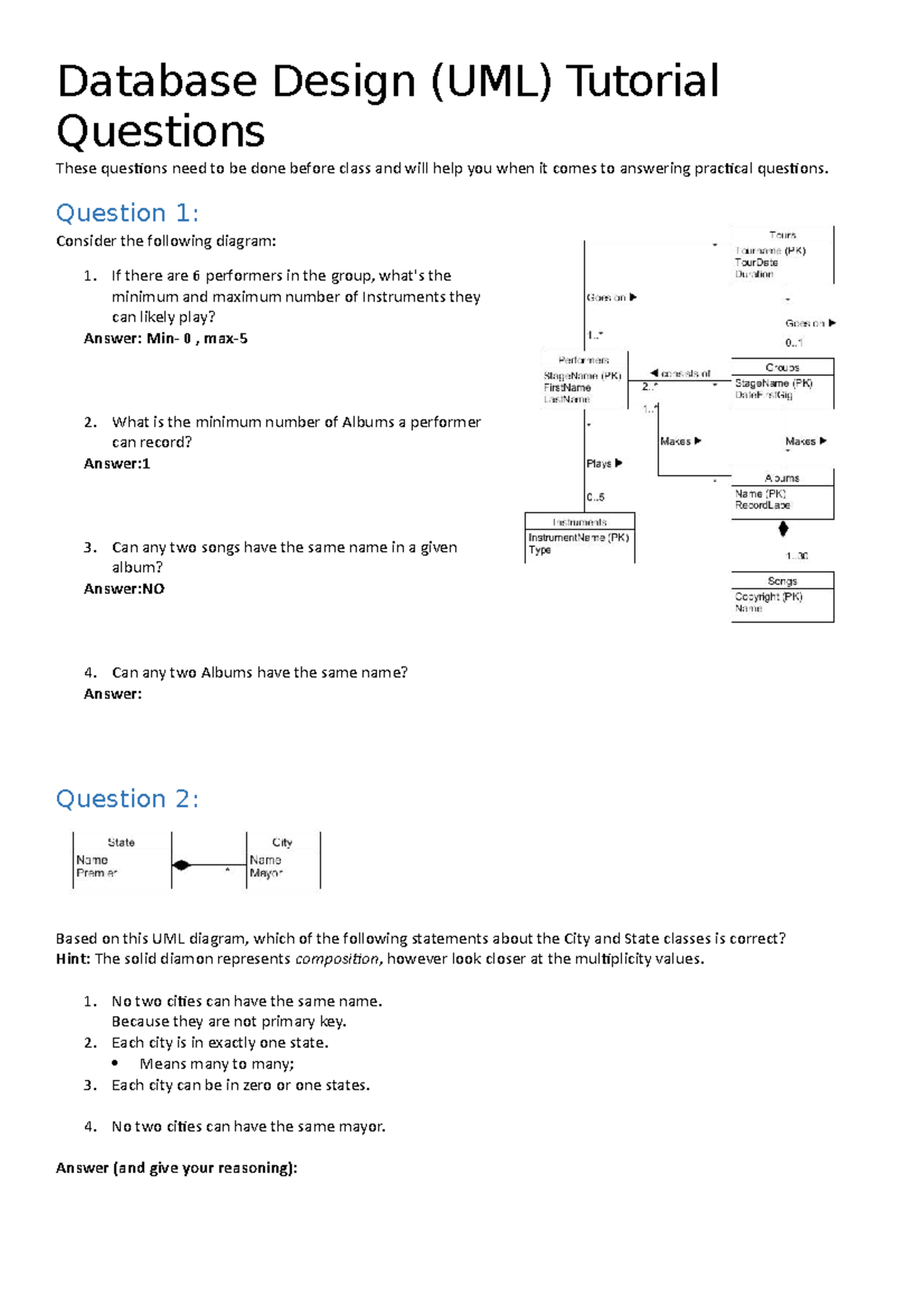 Week 3 Tutorial - Multiplicities and UML Creation - Database Design (UML) Tutorial Questions ...