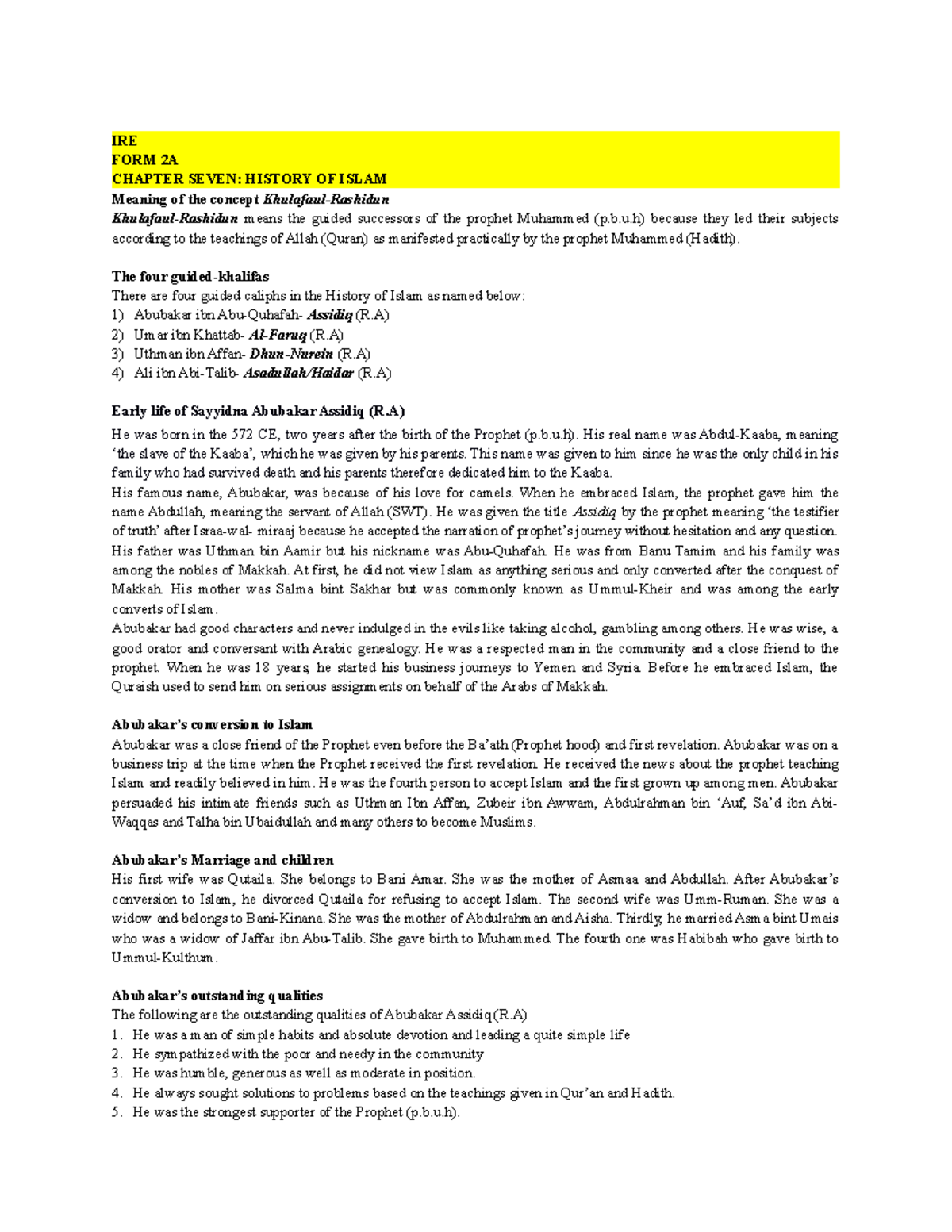 History OF Islam F 2 - IRE FORM 2A CHAPTER SEVEN: HISTORY OF ISLAM ...
