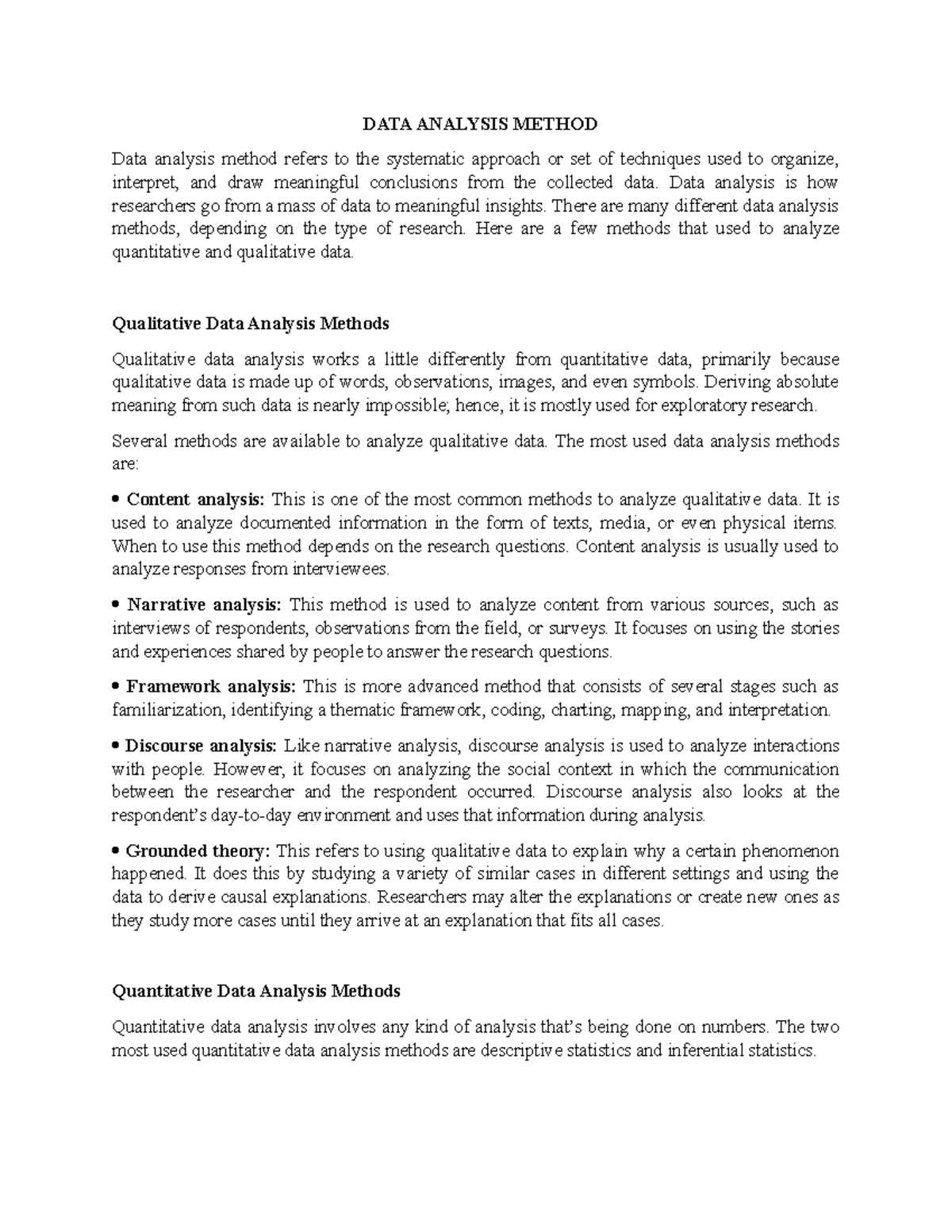 DATA Analysis Methods Handouts - DATA ANALYSIS METHOD Data analysis method refers to the ...