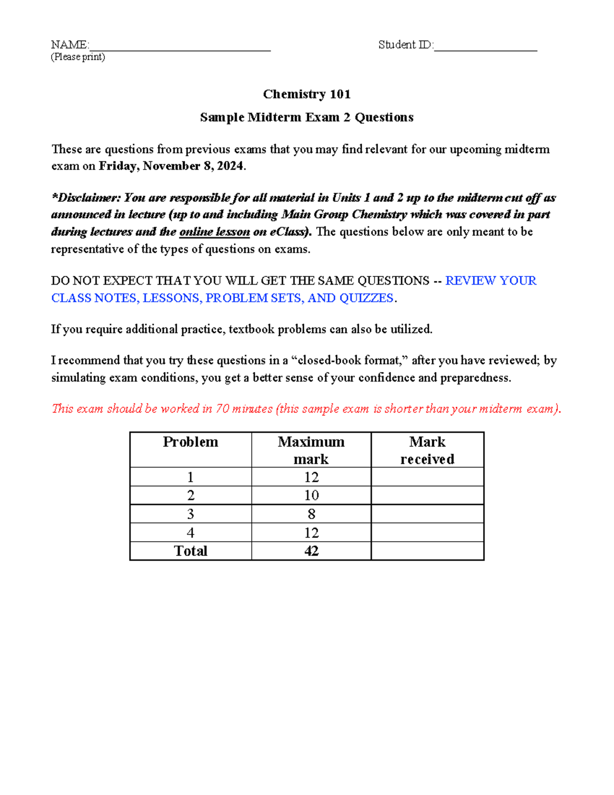 01 Sample Midterm Exam 2 Questions - (Please print) Chemistry 101 ...