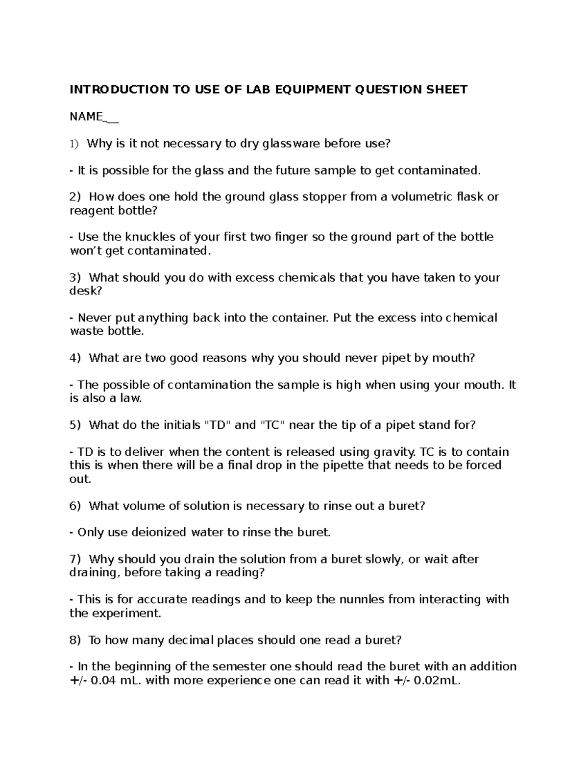 Introduction TO USE OF LAB Equipment Question Sheet - INTRODUCTION TO ...