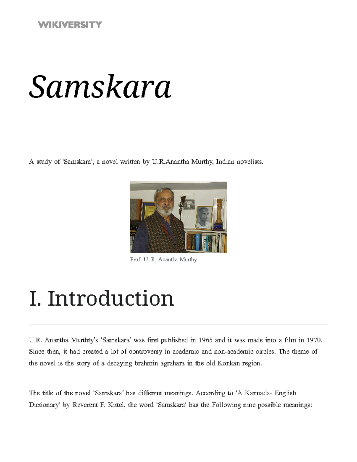 Samskara - Wikiversity - Samskara A study of 'Samskara', a novel ...
