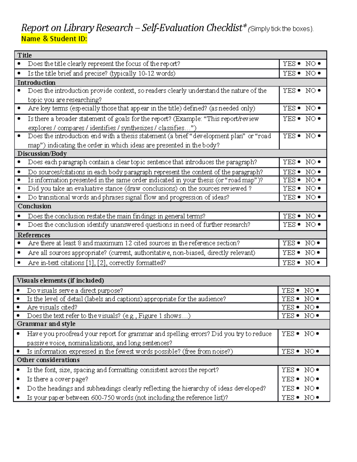 Self-Assessment Checklist - Report on Library Research – Self ...