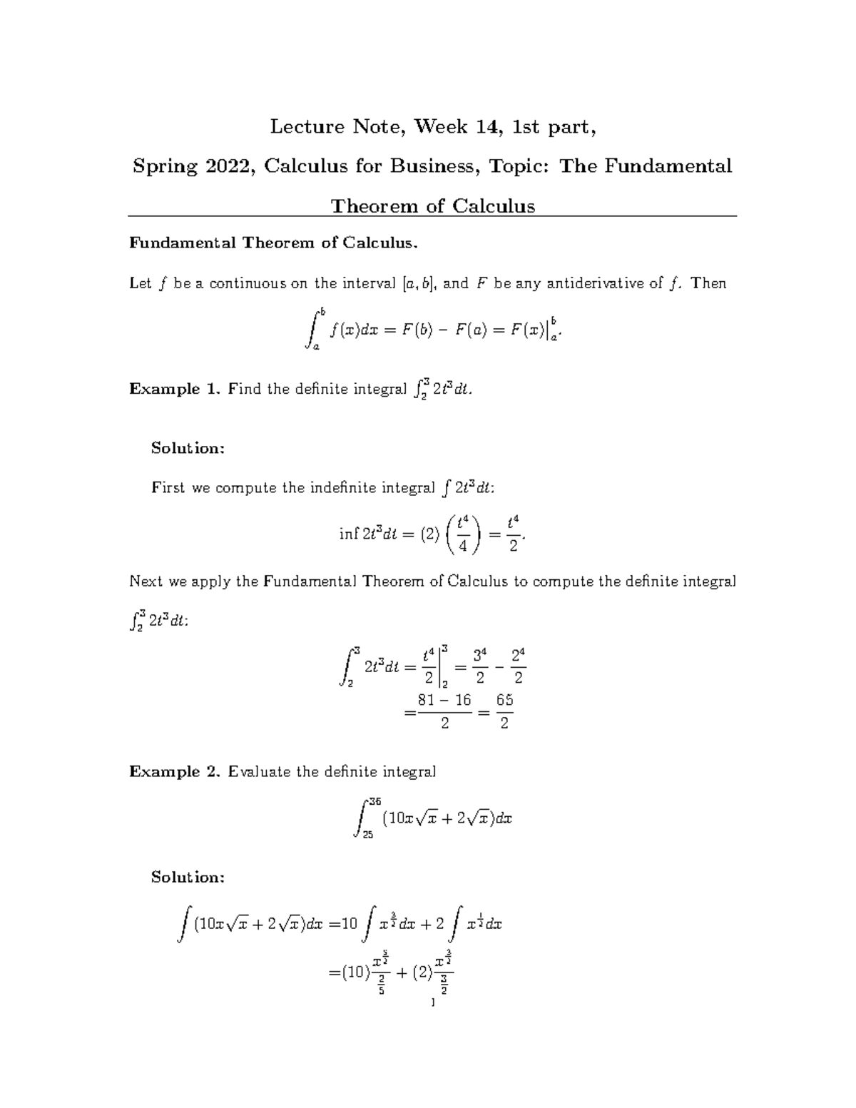 Calculusbusiness 141 - The Fundamental Theorem of Calculus - Lecture ...