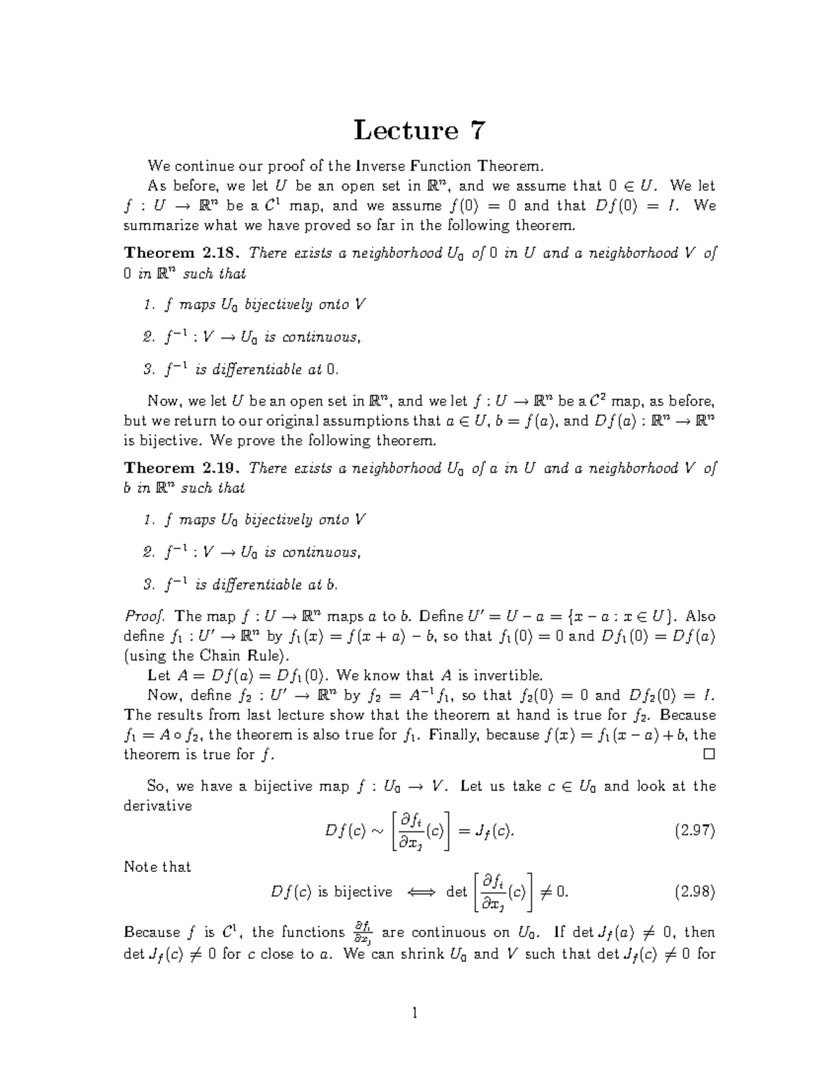 Inverse Function Theorem (cont.), Reimann Integrals of One Variable ...