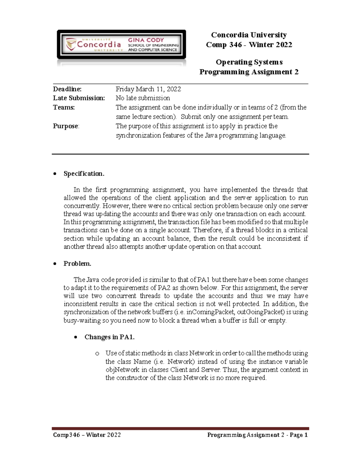 Programming Assignment 2 - Concordia University Comp 346 - Winter 202 2 Operating Systems - Studocu