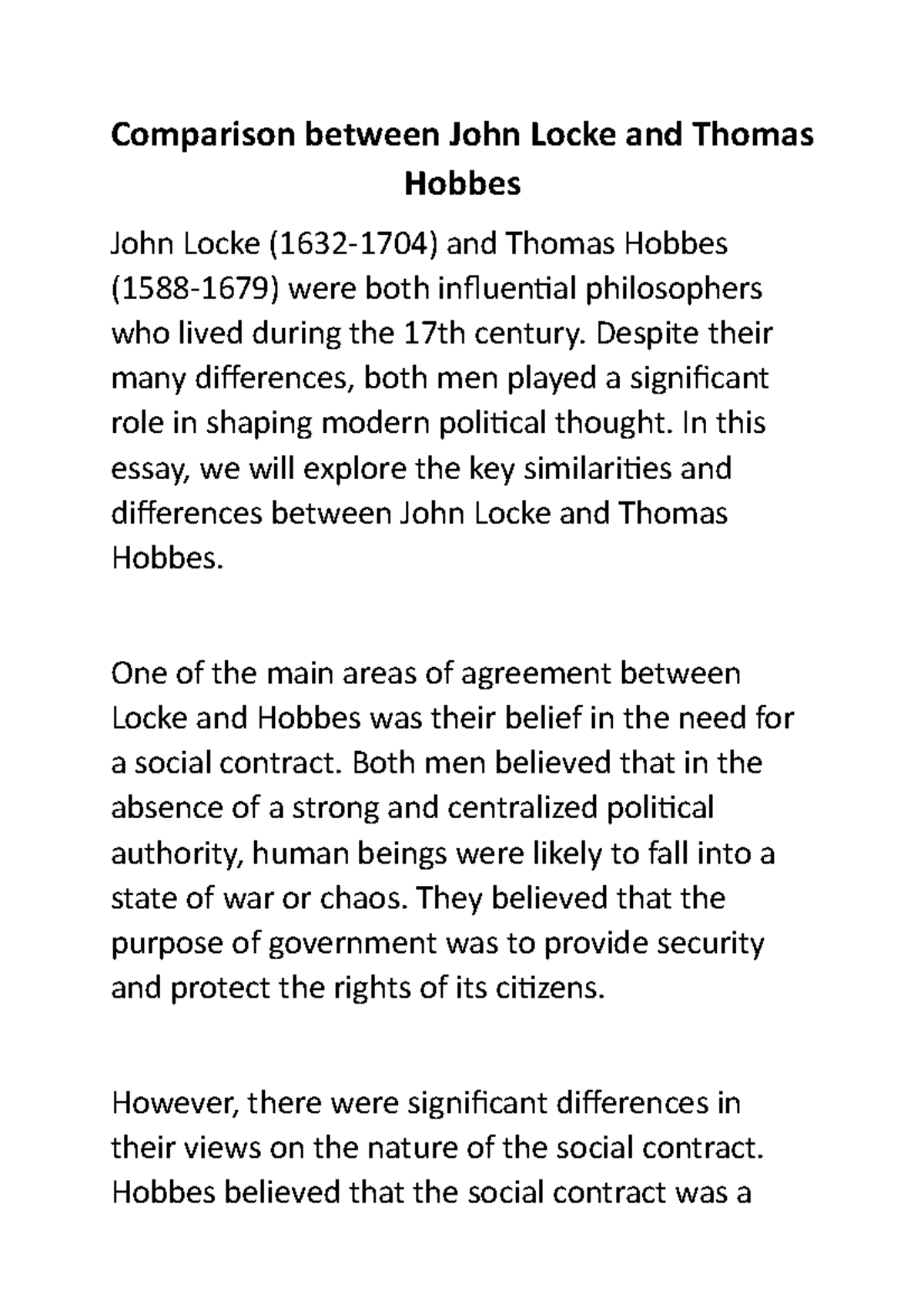 Comparison between John Locke and Thomas Hobbes - Comparison between ...