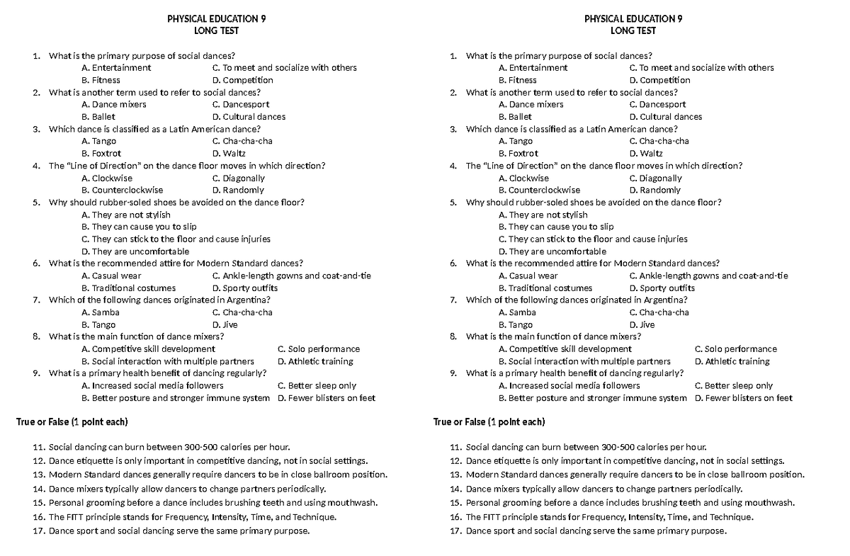 PE-Long Test - long test - PHYSICAL EDUCATION 9 LONG TEST What is the ...
