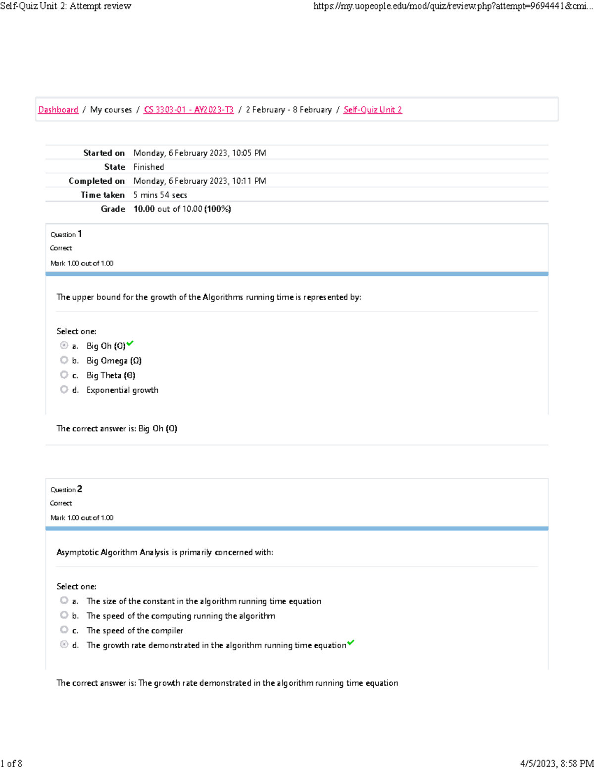 Self Quiz Unit 2 Attempt Review Started On Monday 6 February 2023 10 05 Pm State Finished