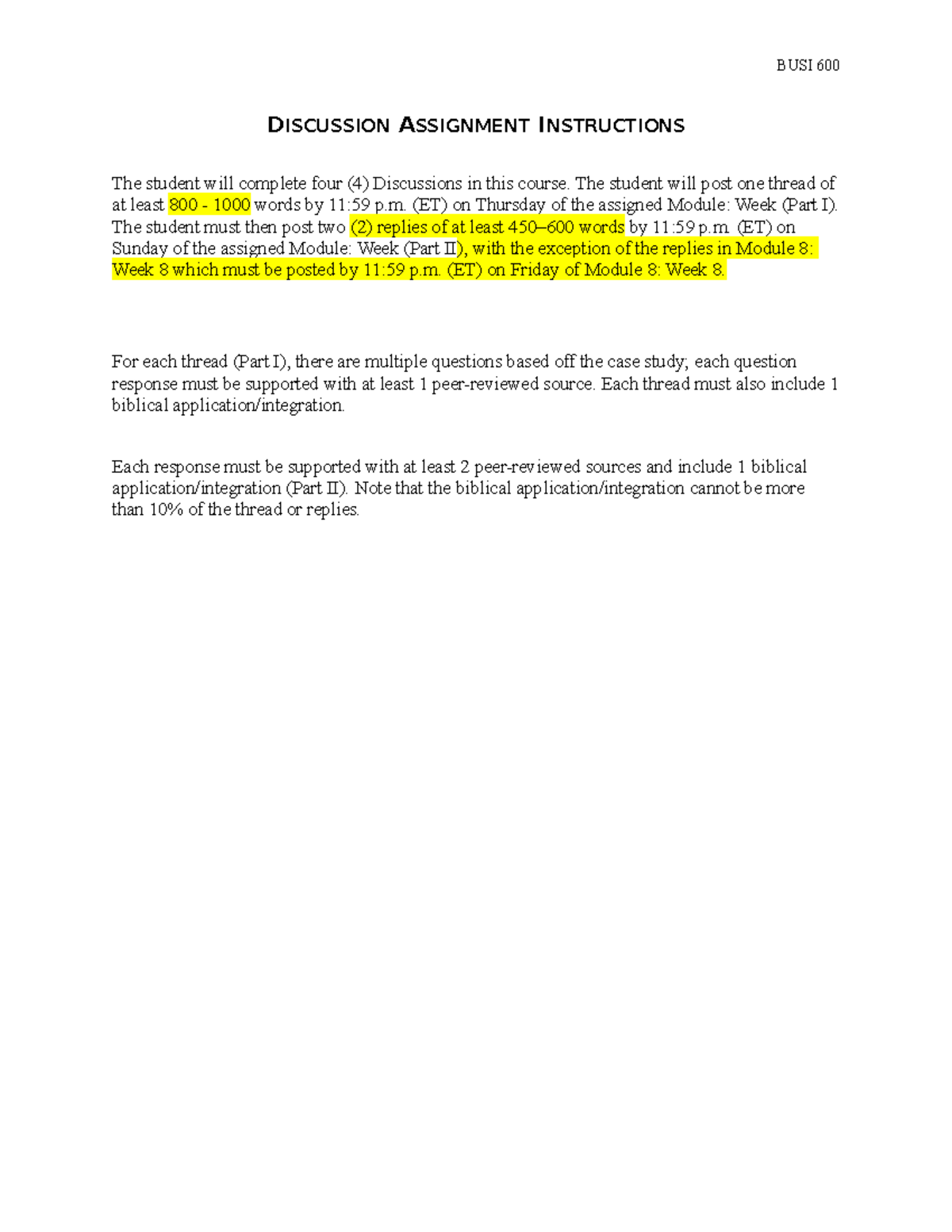Discussion Assignment Instructions - BUSI 600 DISCUSSION ASSIGNMENT INSTRUCTIONS The student ...