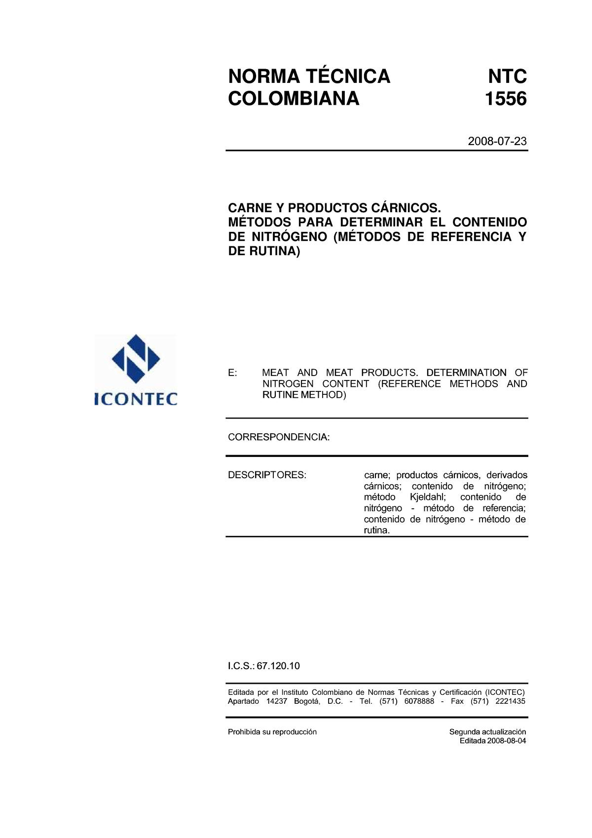Norma Tecnica NTC Colombiana 1556 proteína - NORMANORMA TÉCNICATÉCNICA ...