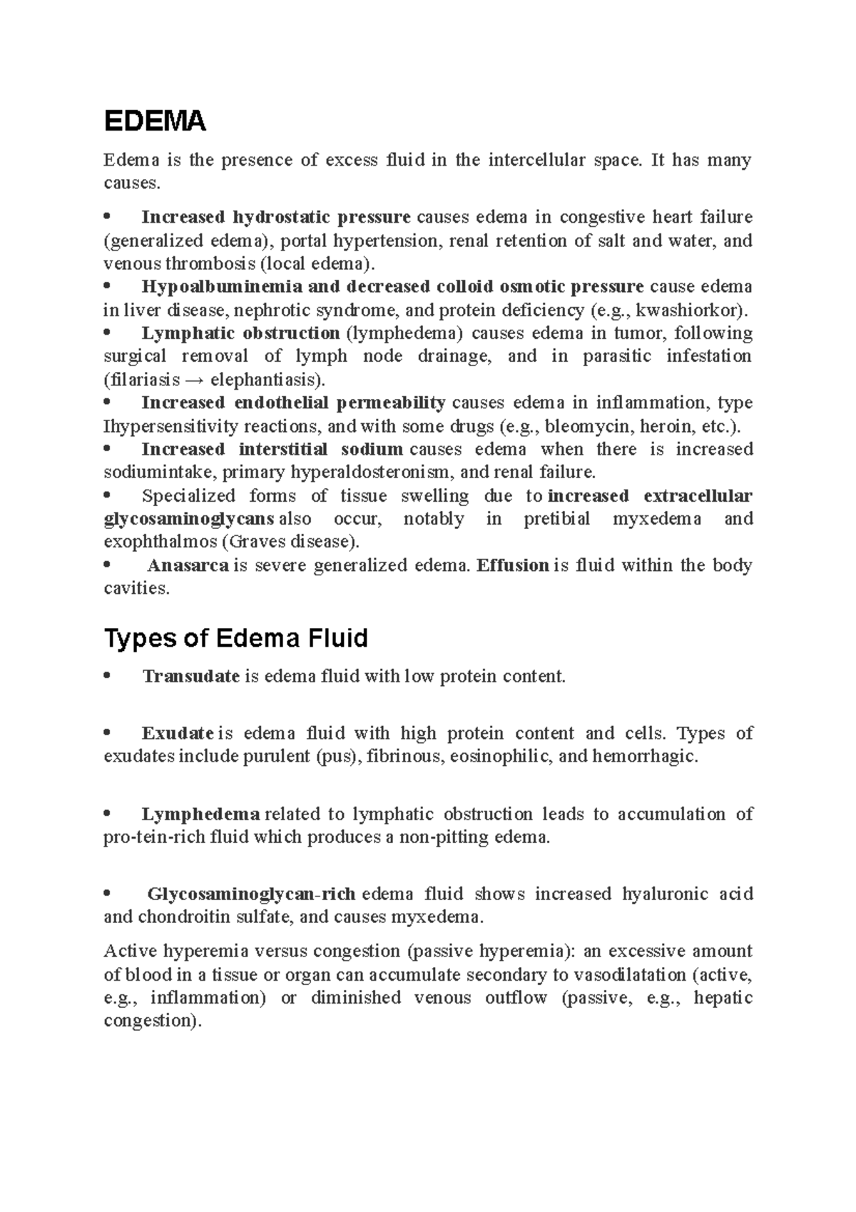 Edema - notes - EDEMA Edema is the presence of excess fluid in the ...