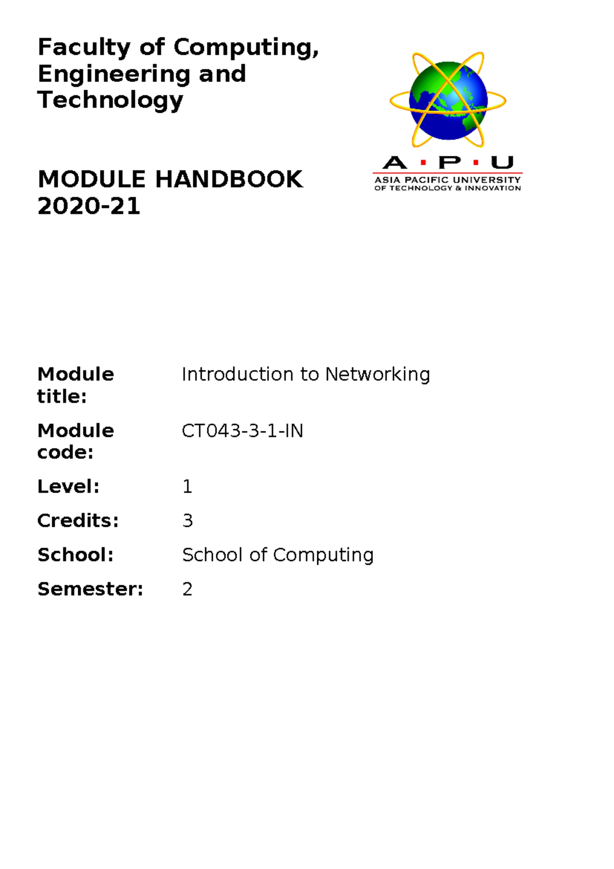 Module Handbook - Faculty of Computing, Engineering and Technology ...