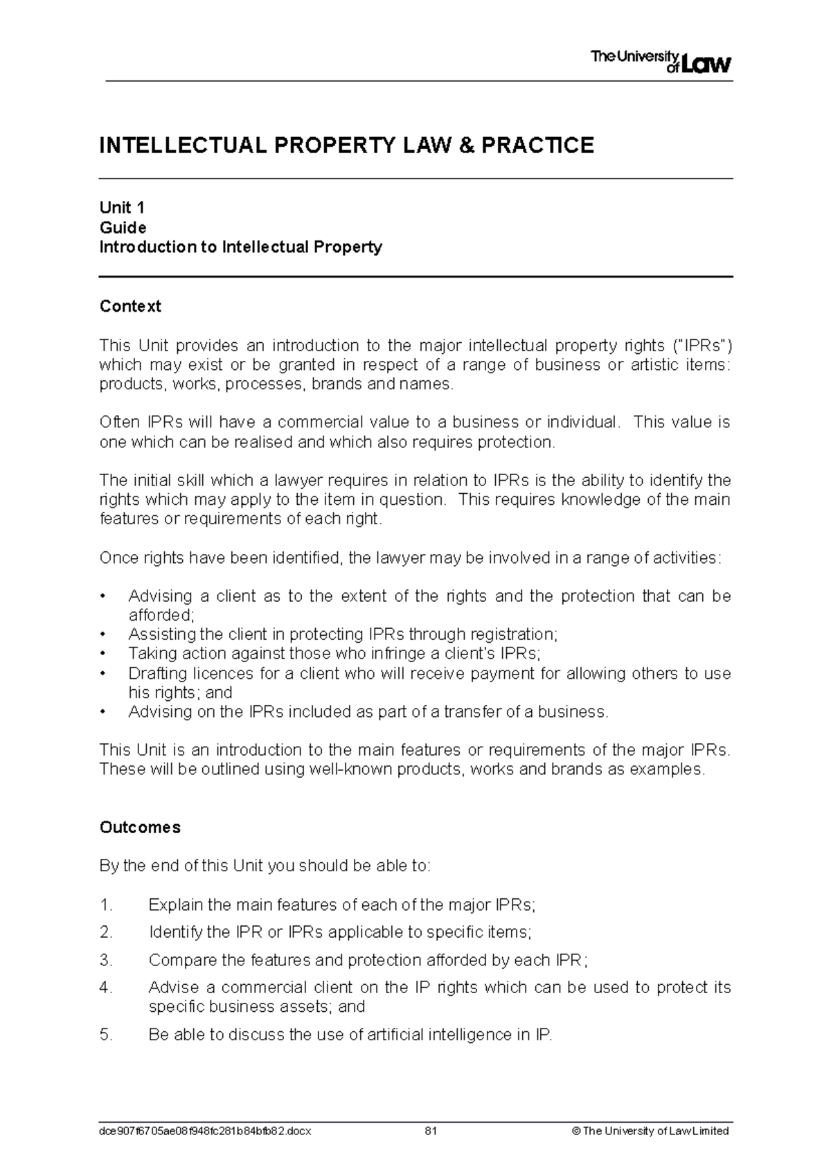 Workshop guide - INTELLECTUAL PROPERTY LAW & PRACTICE Unit 1 Guide ...