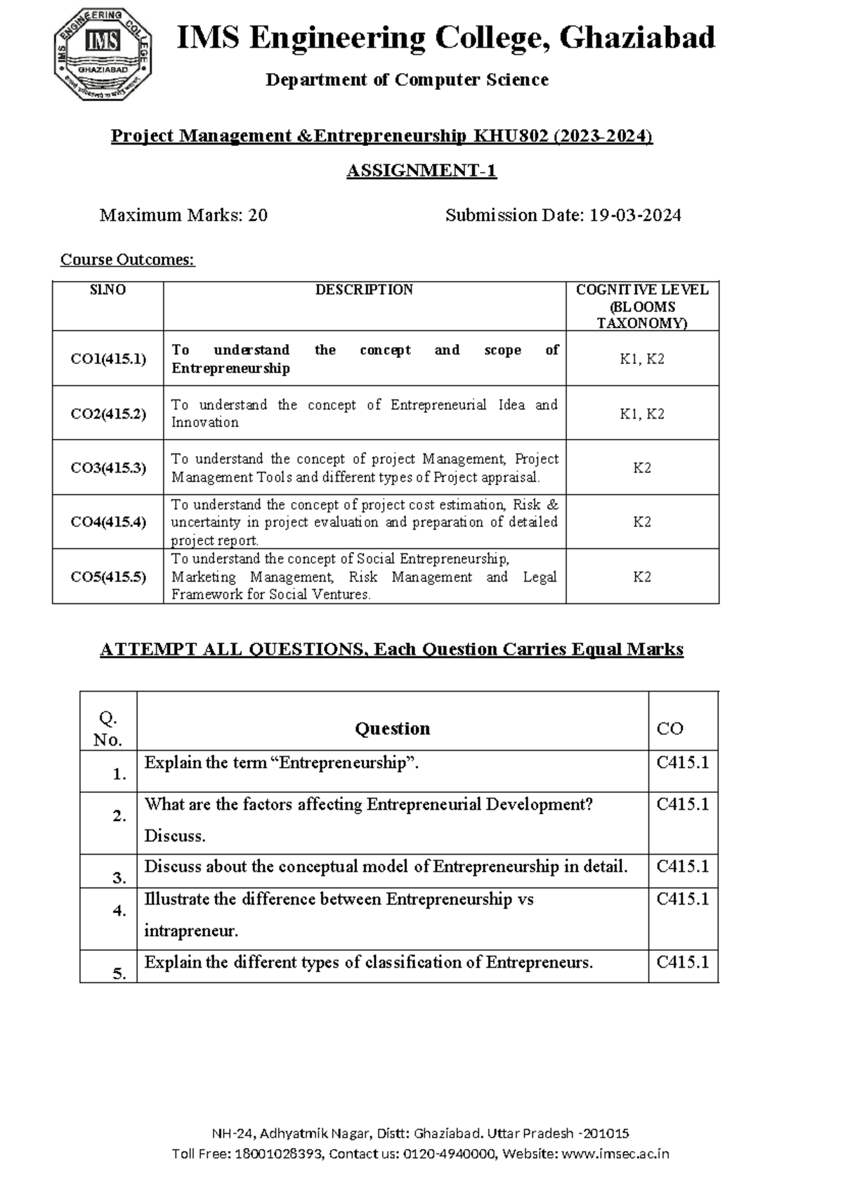 PME Unit 1 Practice Questions. - IMS Engineering College, Ghaziabad ...
