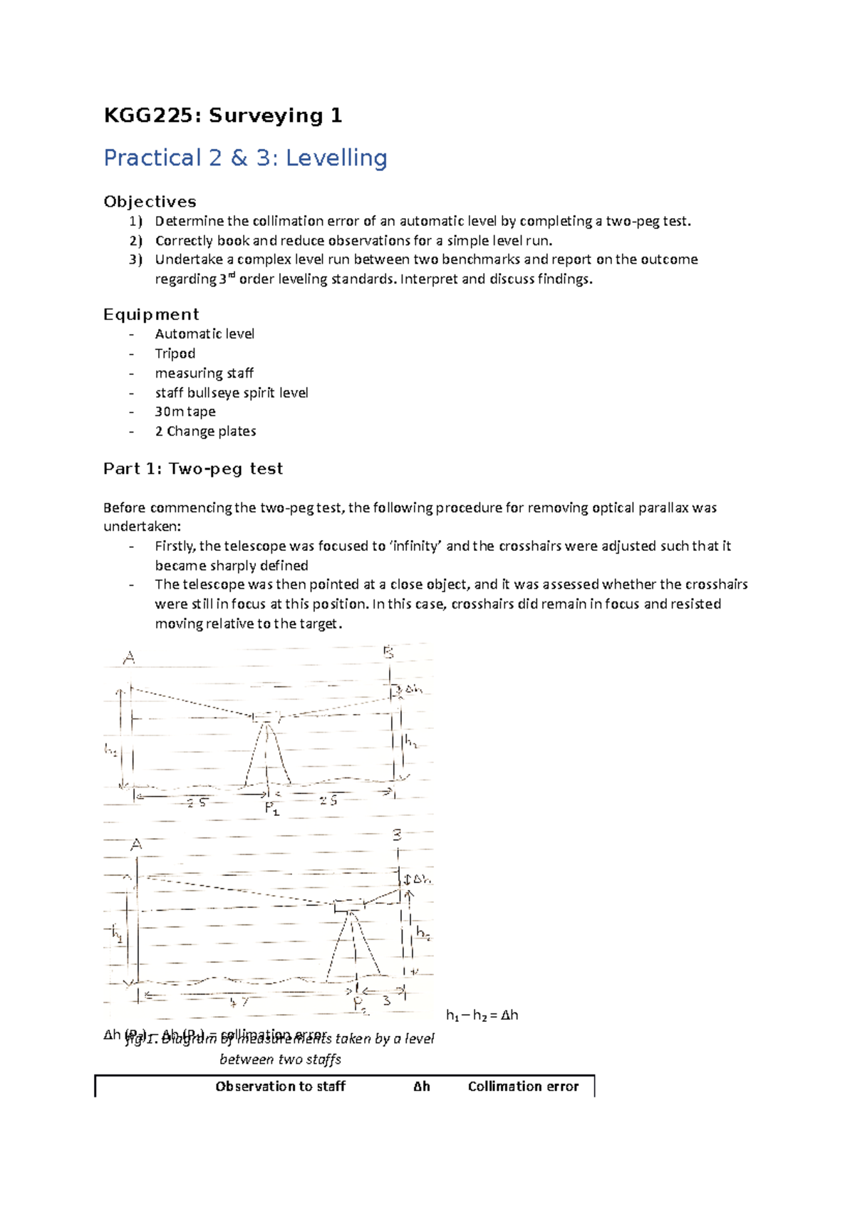 Practical 1 report - KGG225: Surveying 1 Practical 2 & 3: Levelling ...