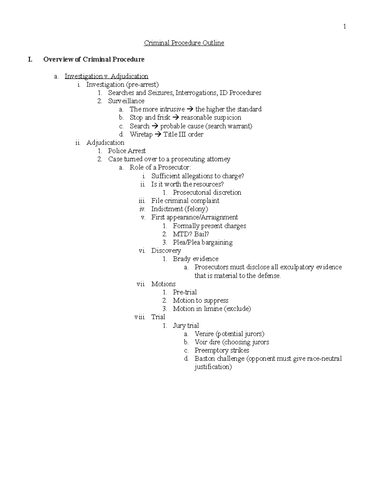 Criminal Procedure Outline - Overview of Criminal Procedure a ...