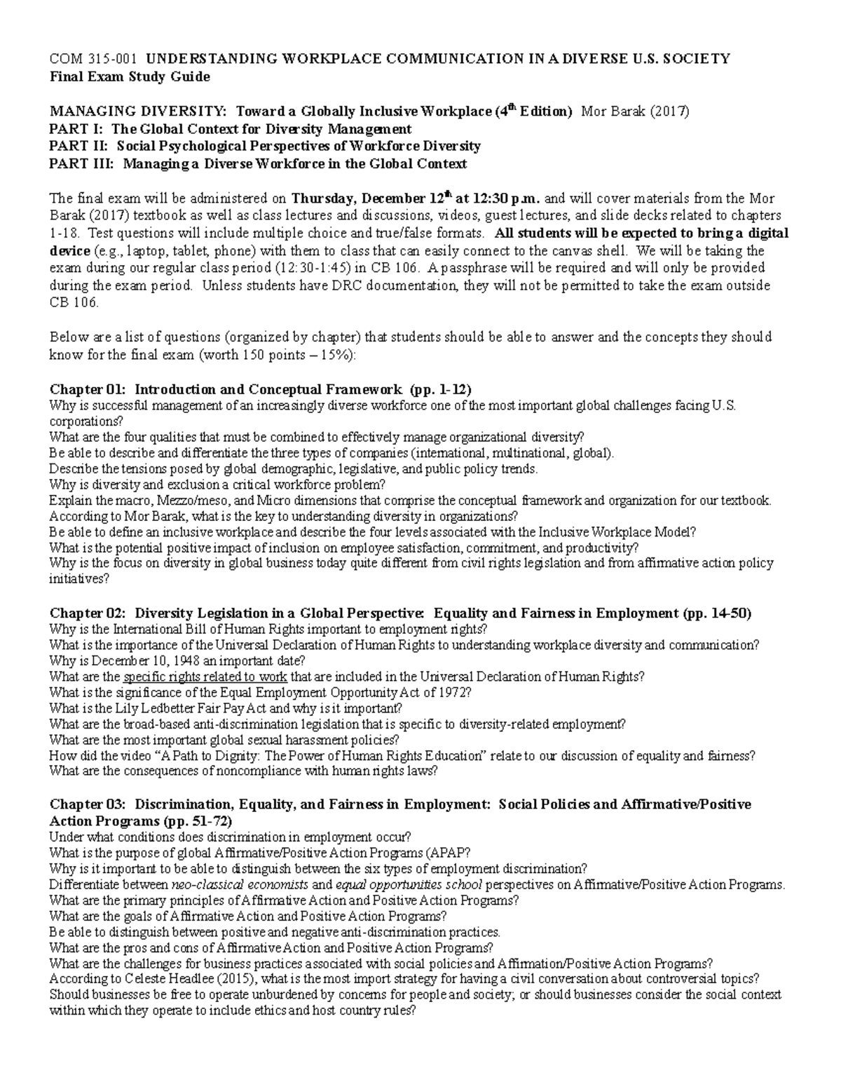 COM 315 - Final Exam Study Guide Fall 2019 - COM 315-001 UNDERSTANDING ...