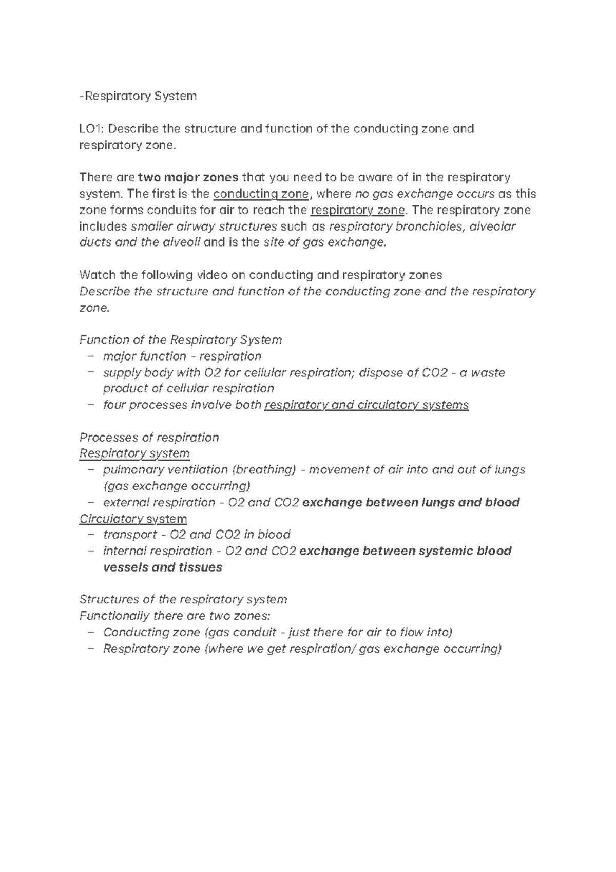 Respiratory System - – – – – – – – – – -Respir)tory System LO1 ...