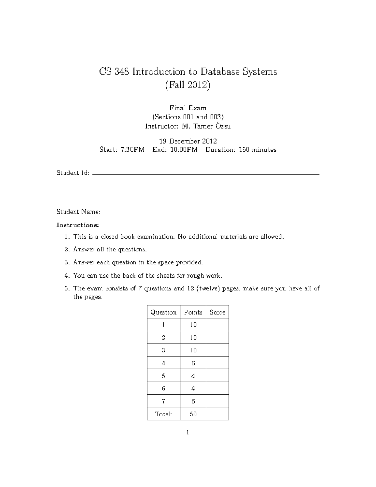 Final(F12)-solutions - CS 348 Introduction to Database Systems (Fall 2012) Final Exam (Sections ...