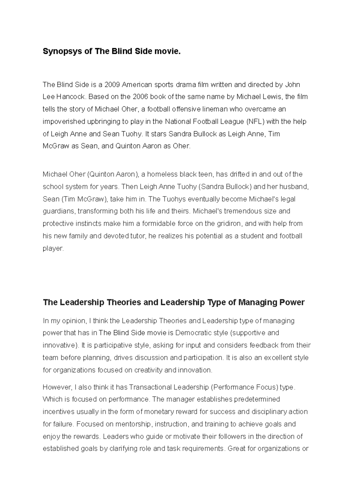 The Blind Side movie assignment - Synopsys of The Blind Side movie. The ...