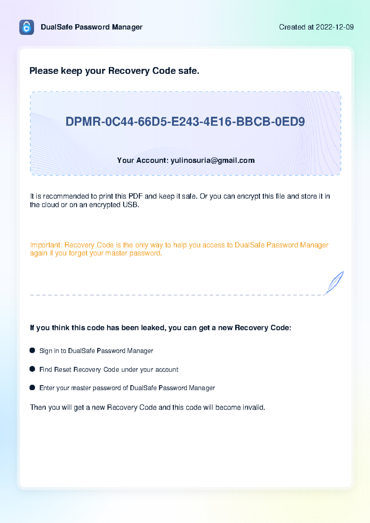 Dual Safe Password-Recovery-Code comtrasena - DualSafe Password Manager ...
