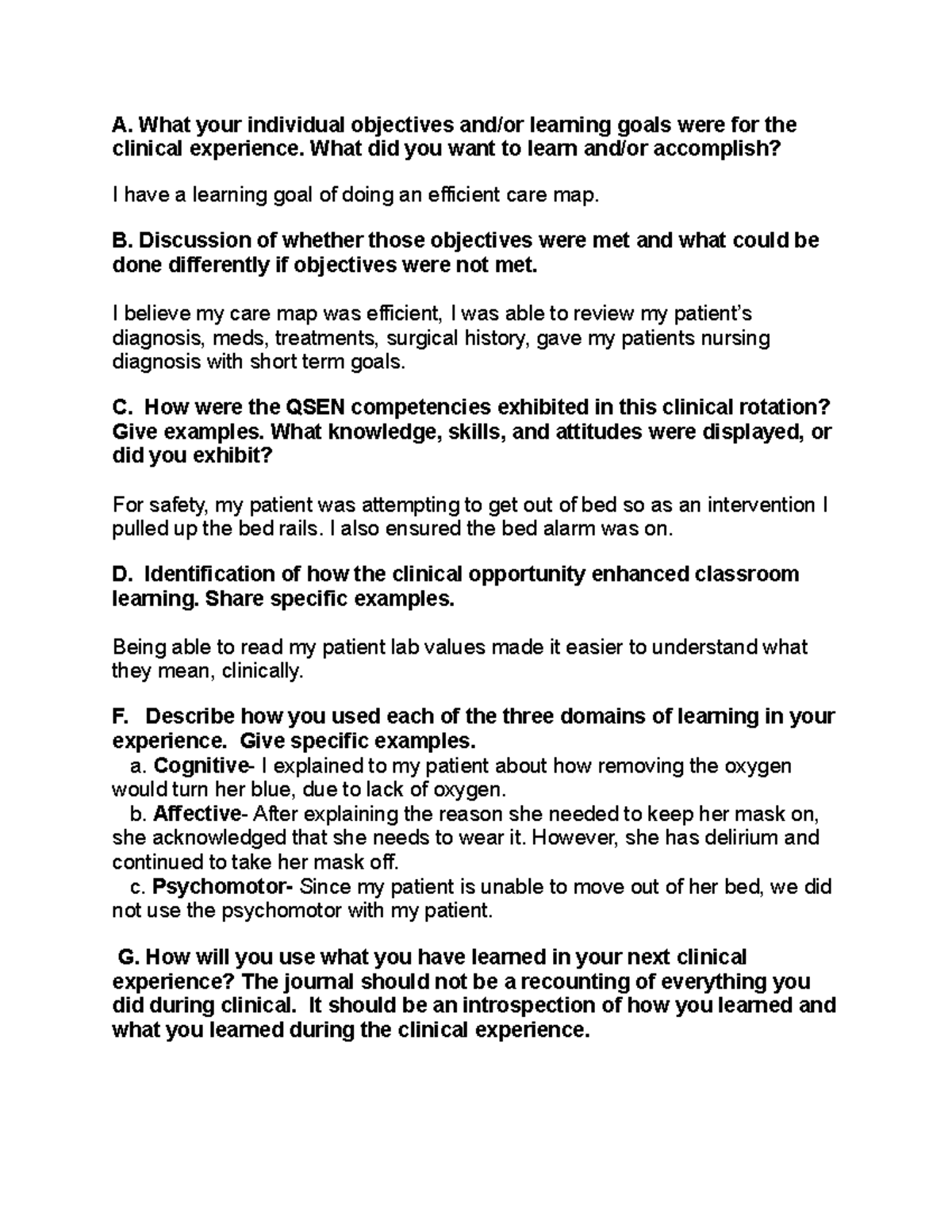 Clinical Journal #1 by - A. What your individual objectives and/or ...