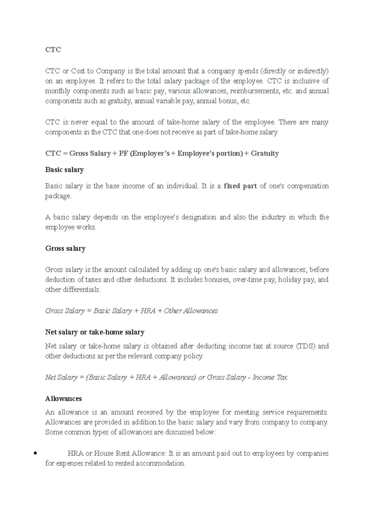 Word file on HRM - CTC CTC or Cost to Company is the total amount that ...