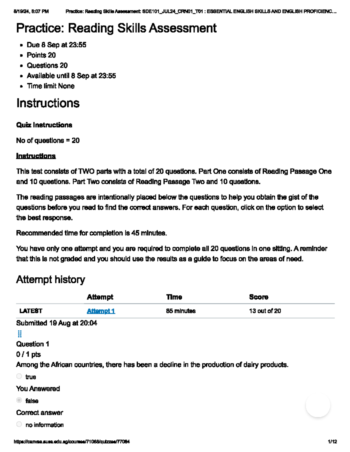 English quiz 2 - Practice Reading Skills Assessment - 8:07 PM Practice ...