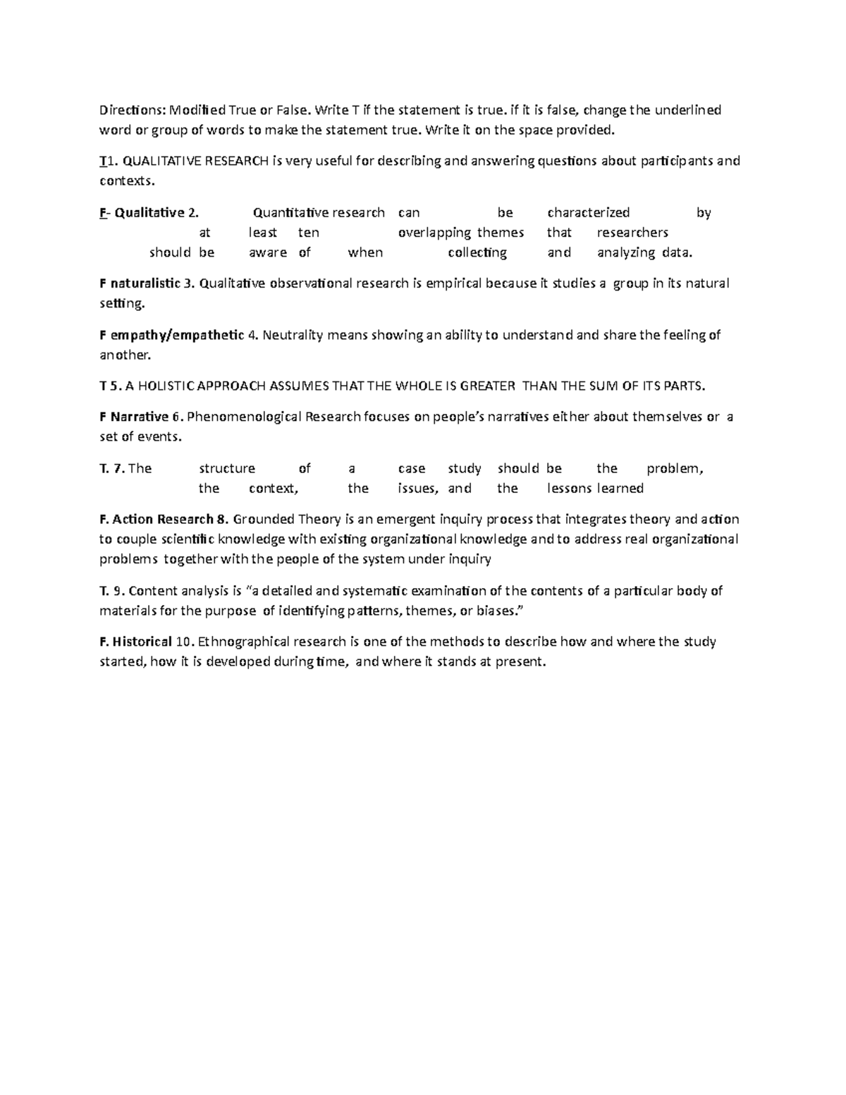 Quiz 2 PR1 - n/a - Directions: Modified True or False. Write T if the ...