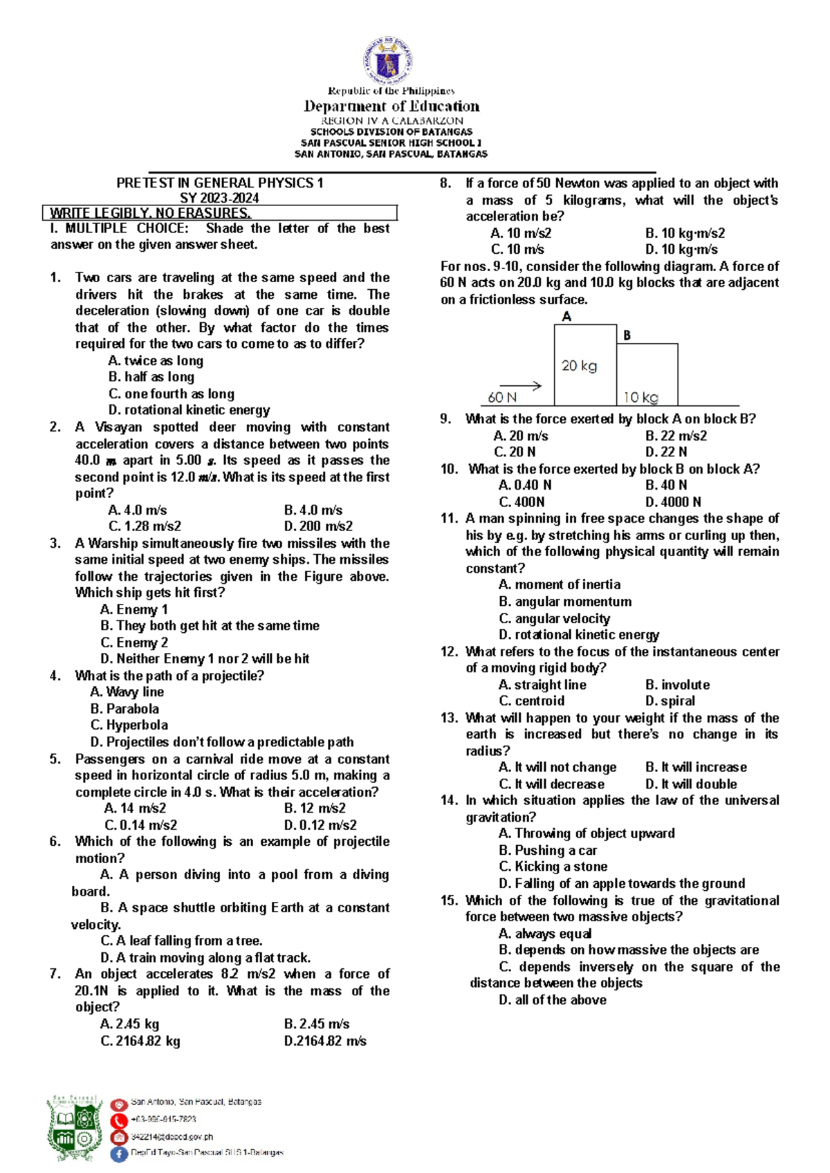Quiz in General Physics 1 - PRETEST IN GENERAL PHYSICS 1 SY 2023- WRITE ...