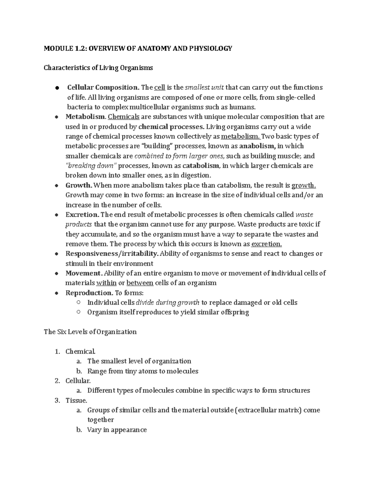 A&p notes ch 1 - MODULE 1: OVERVIEW OF ANATOMY AND PHYSIOLOGY ...