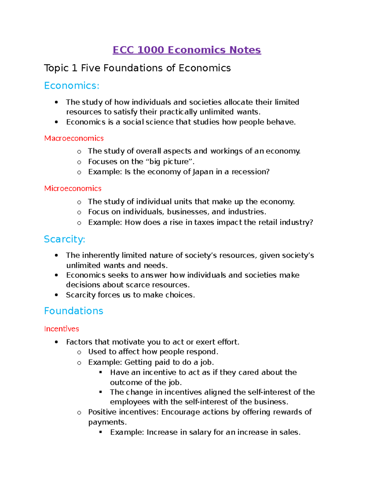 ECC 1000 Economics - ECC 1000 Economics Notes Topic 1 Five Foundations ...
