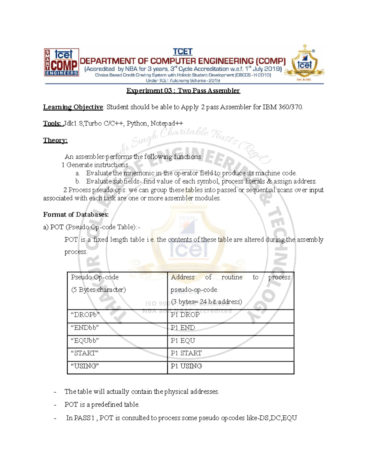 SPCC Watermark merged - Experiment 03 : Two Pass Assembler Learning Objective : Student should ...