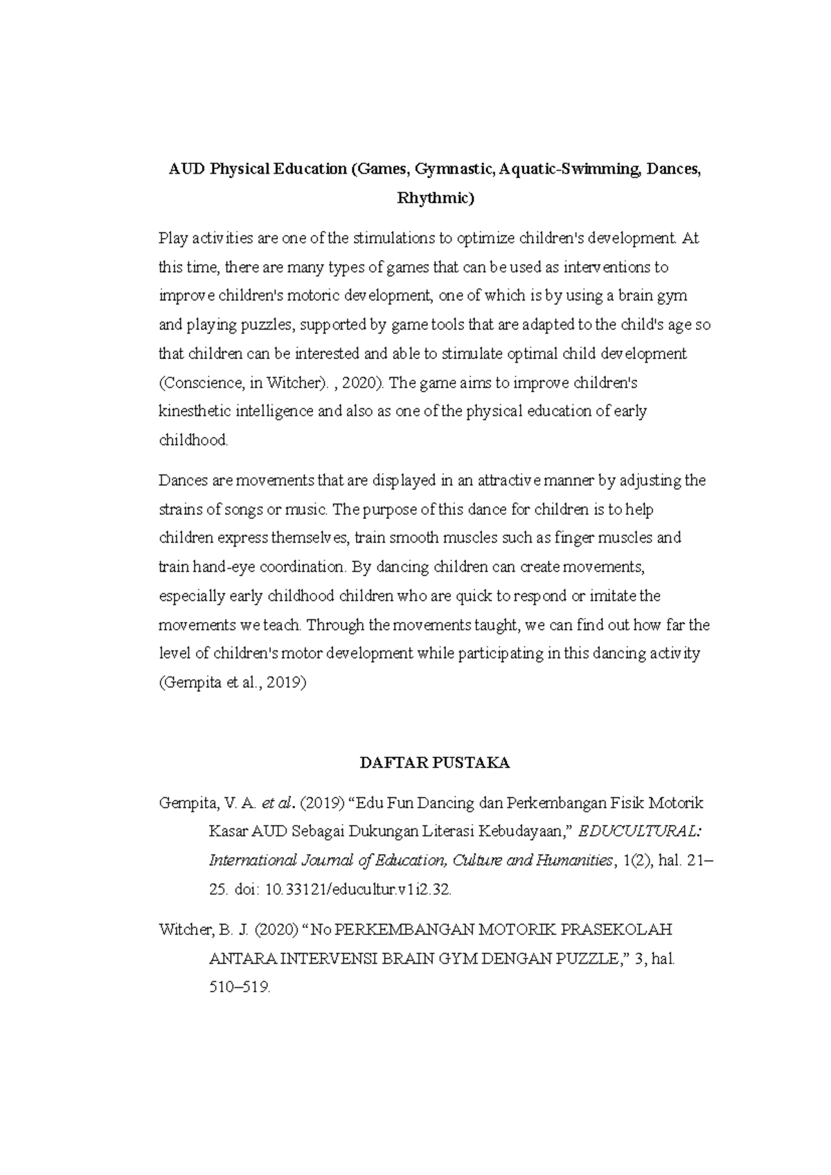 Early Childhood Physical Education (Games, Gymnastic, Aquatic-Swimming ...