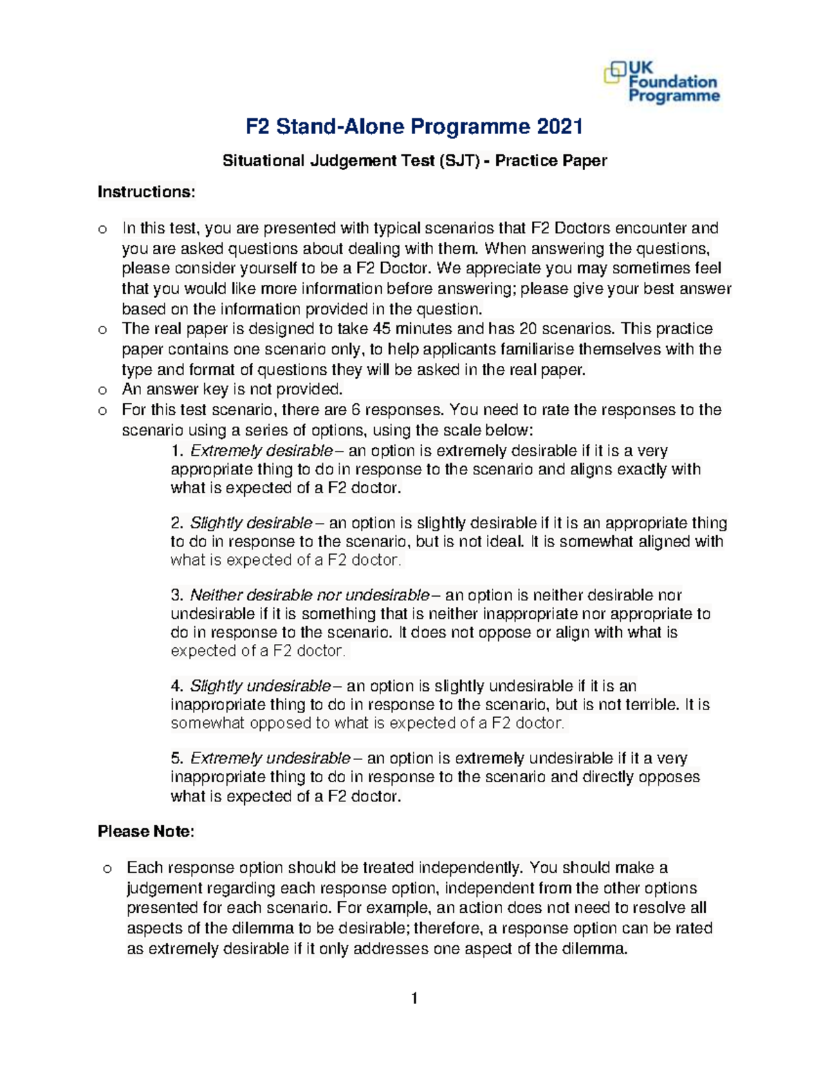 F2 Stand-alone SJT 2021 Practice Scenario - 1 F2 Stand-Alone Programme ...