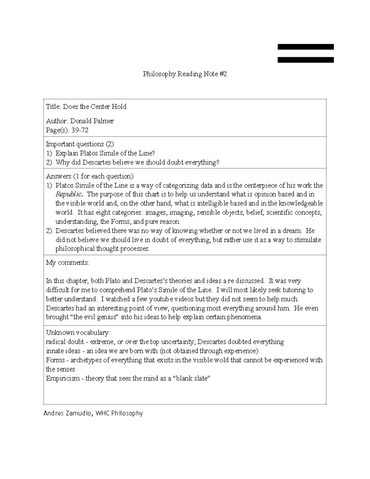 Philosophy Reading Note 2 - The purpose of this chart is to help us ...