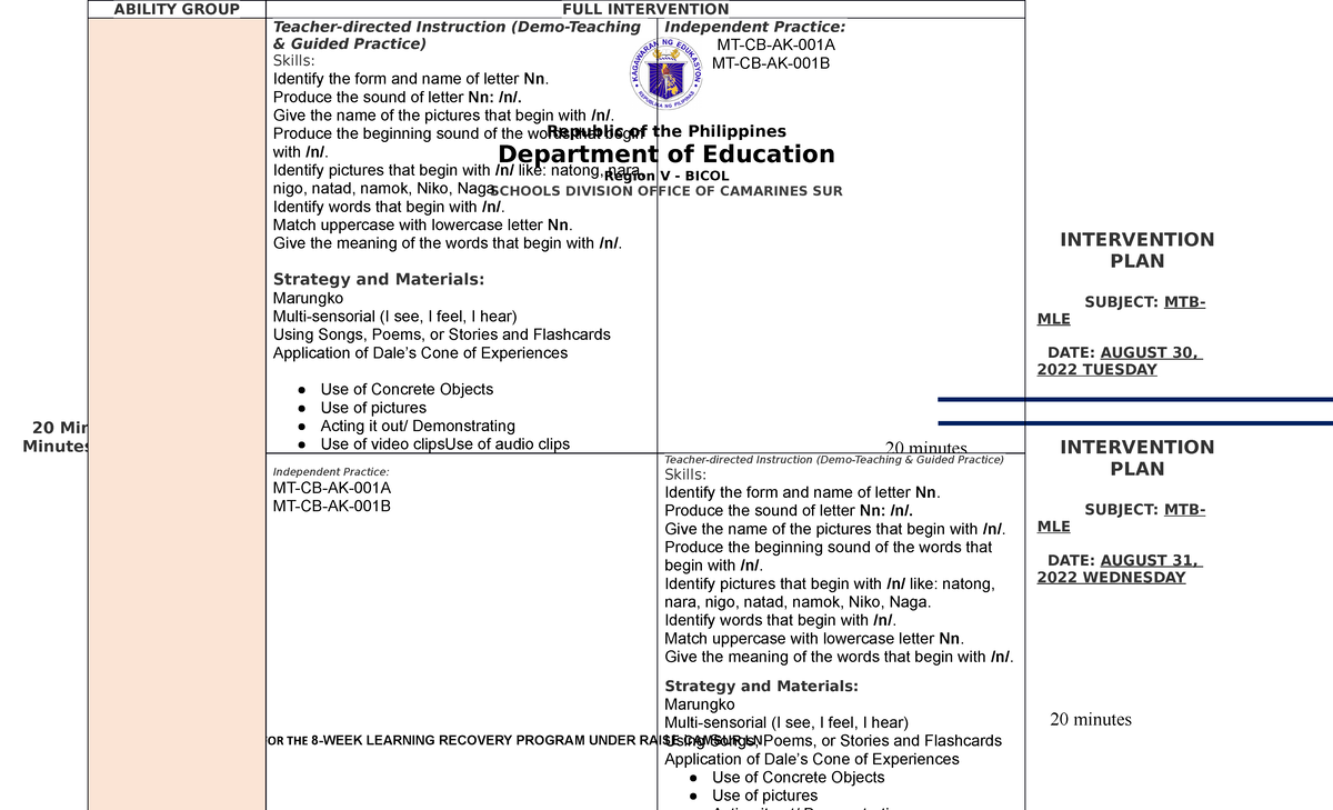 Intervention-Plan-Template - Republic of the Philippines Department of ...