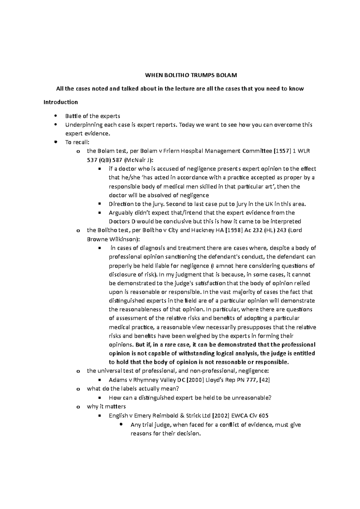 Bolitho trumps Bolam - LAW6013 - QMUL - Studocu
