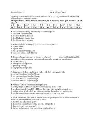 Quiz 1 Winter 2019, questions and answers - ECO 201 Quiz 1 Name: Morgan ...