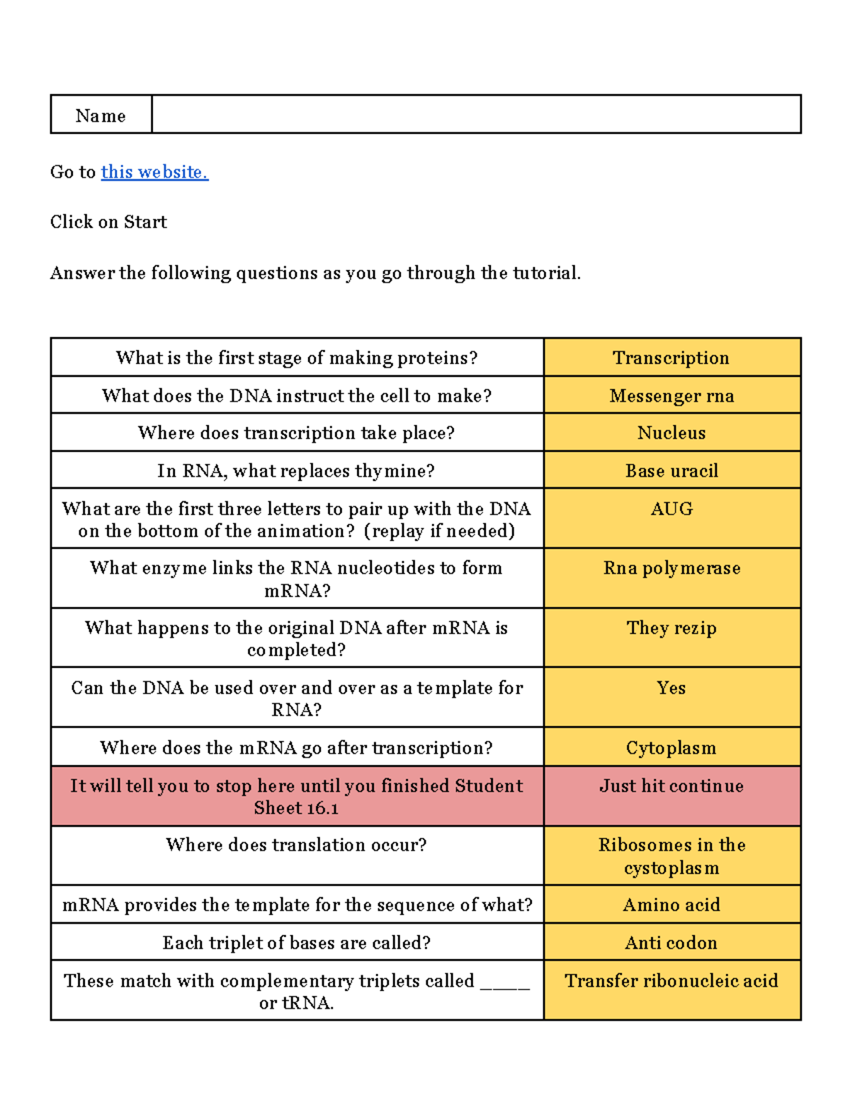 Transcription and Translation Activity - Name Go to this website. Click ...