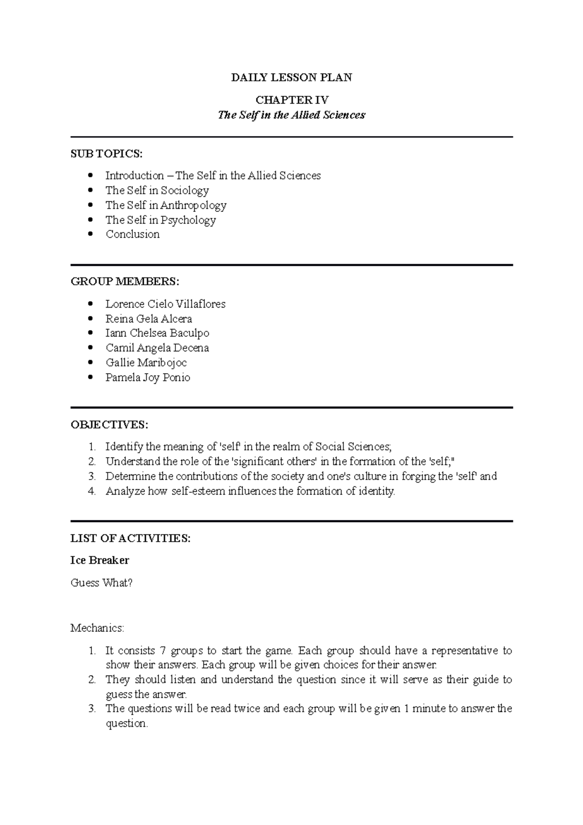 Understanding the self - DAILY LESSON PLAN CHAPTER IV The Self in the ...