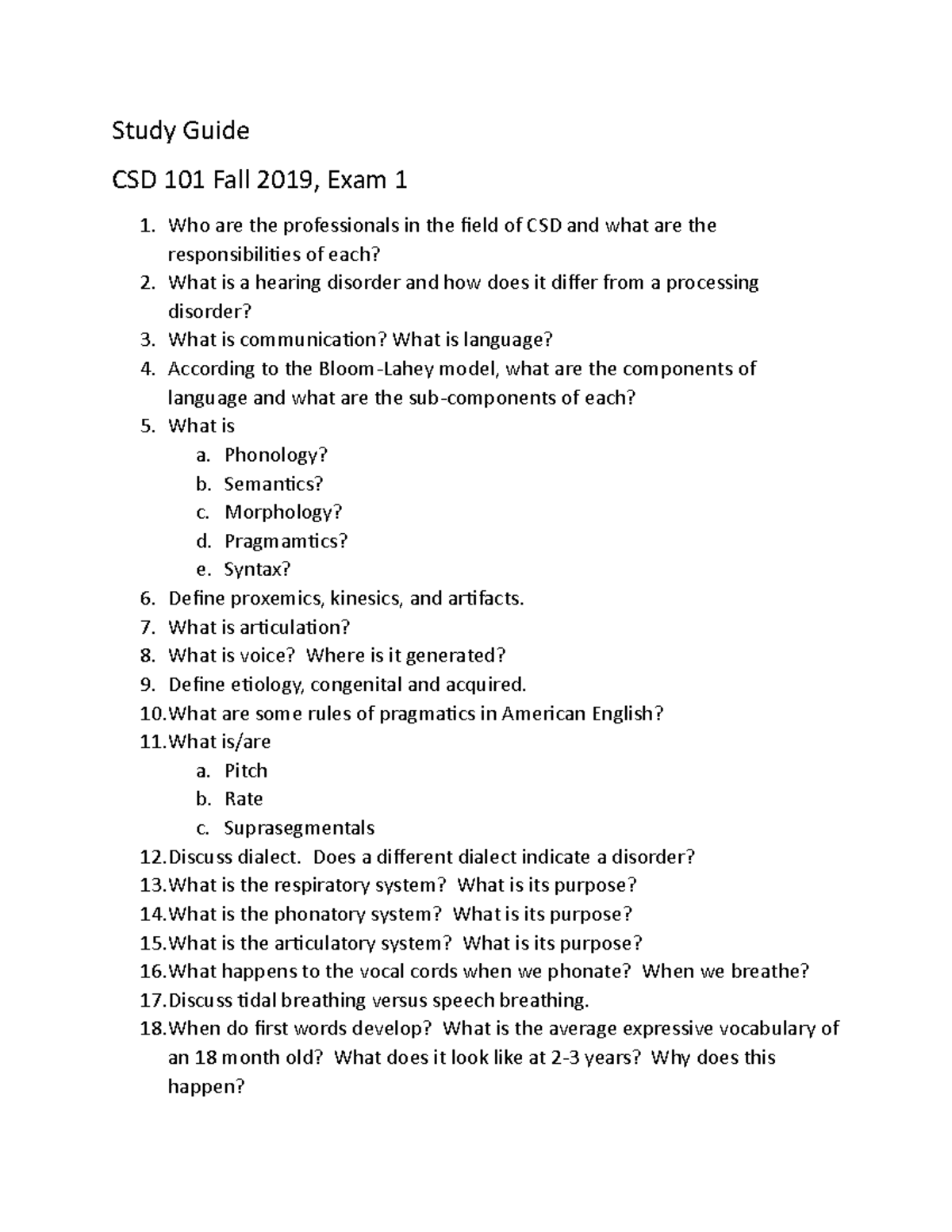 Exam 1 Study Guide - Study Guide CSD 101 Fall 2019, Exam 1 Who are the professionals in the ...