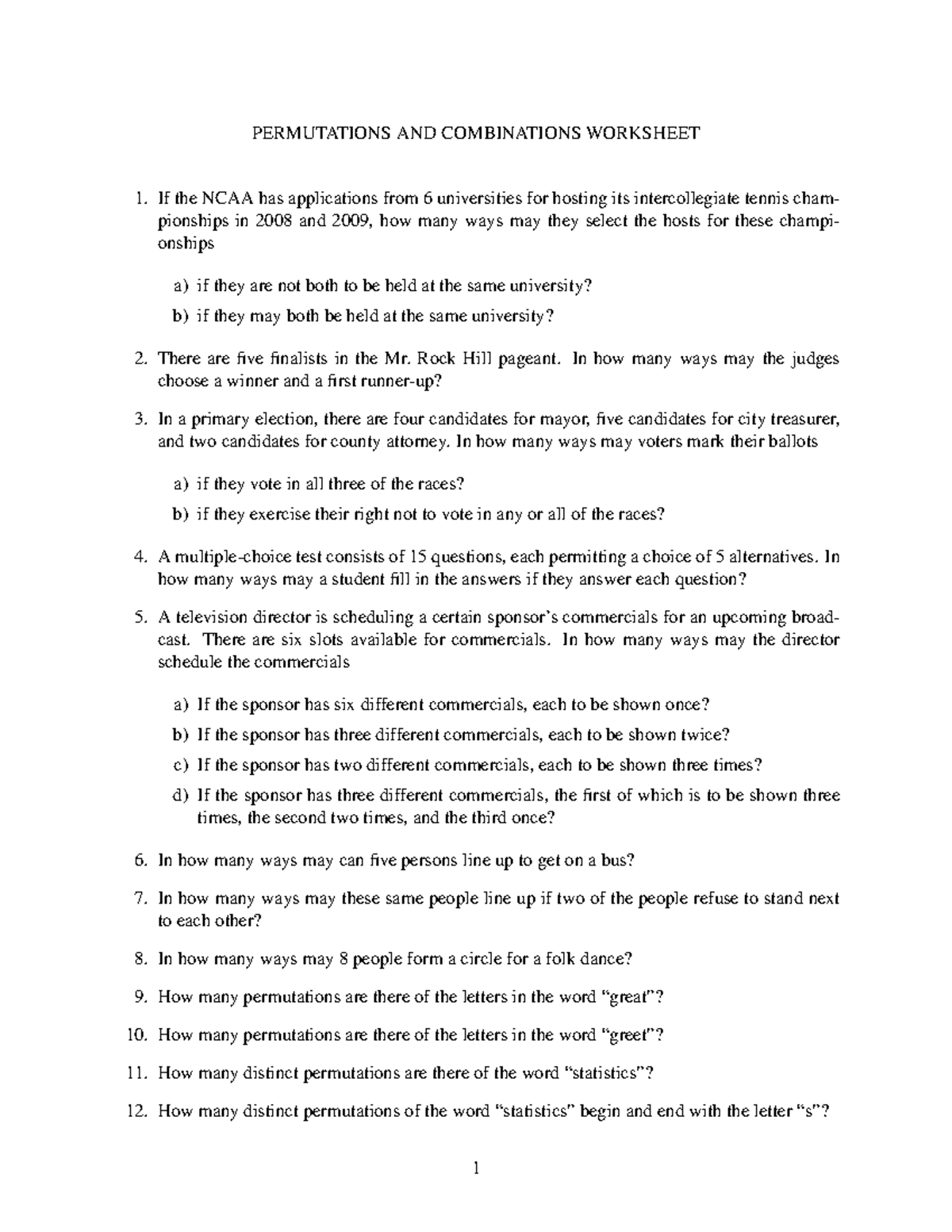 Permcomb WS - None - PERMUTATIONS AND COMBINATIONS WORKSHEET CTQR 150 ...