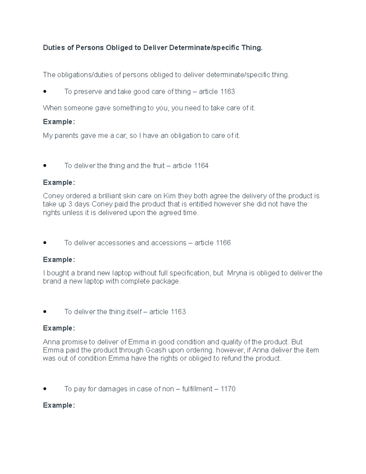 Duties of Persons Obliged to Deliver Determinate - The obligations ...