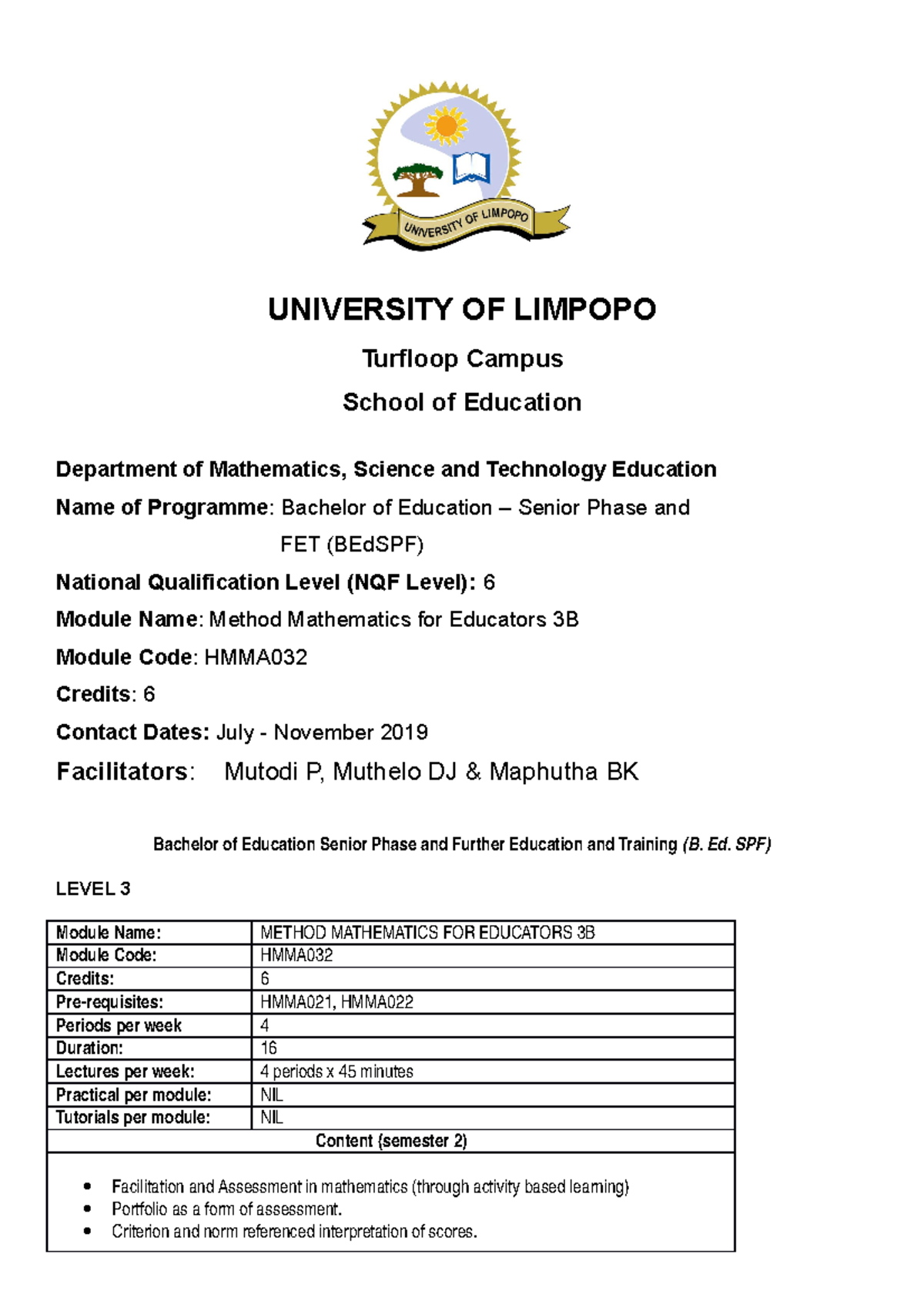 2019 Learning Guide HMMA032 - UNIVERSITY OF LIMPOPO Turfloop Campus ...