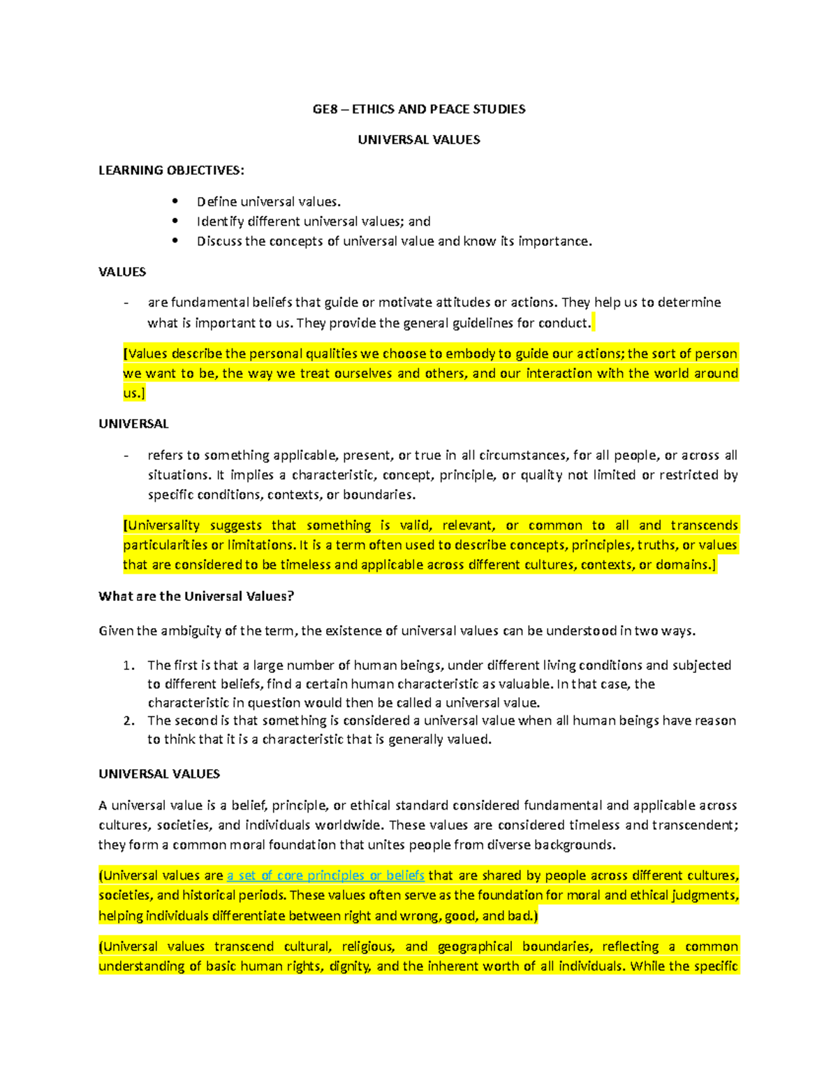 Universal-values-rep - GE8 – ETHICS AND PEACE STUDIES UNIVERSAL VALUES LEARNING OBJECTIVES ...
