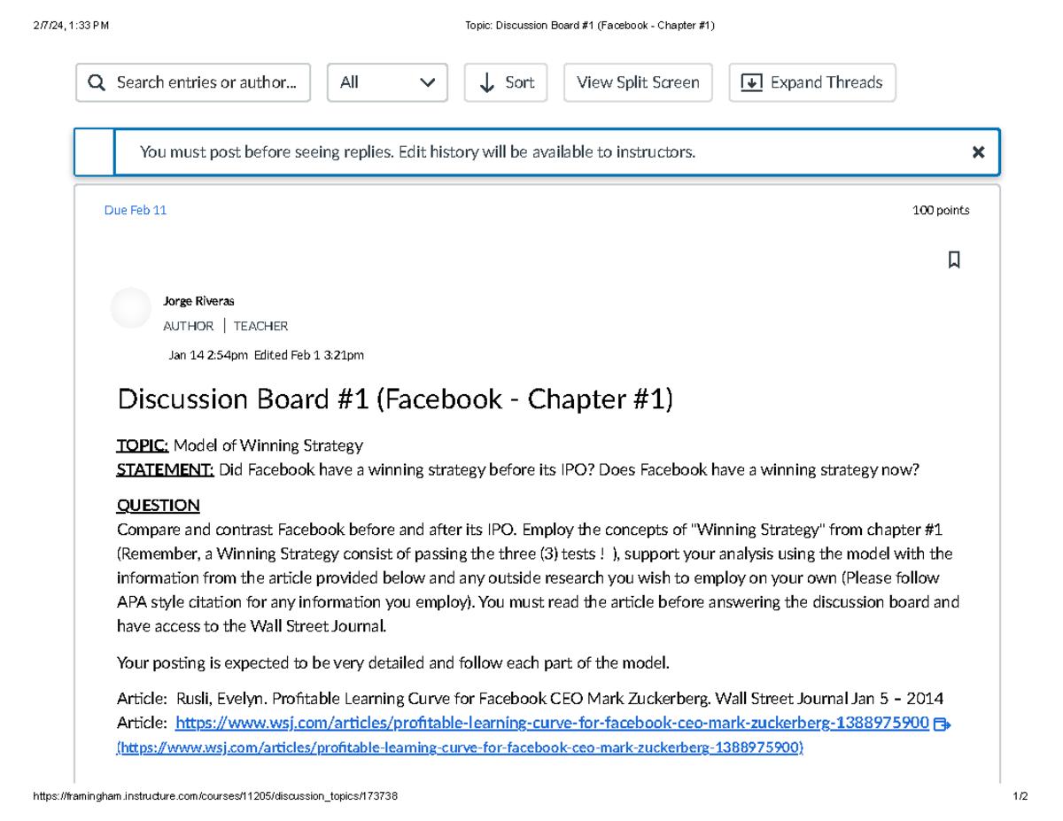 Topic Discussion Board #1 (Facebook - Chapter #1) - 2/7/24, 1:33 PM ...