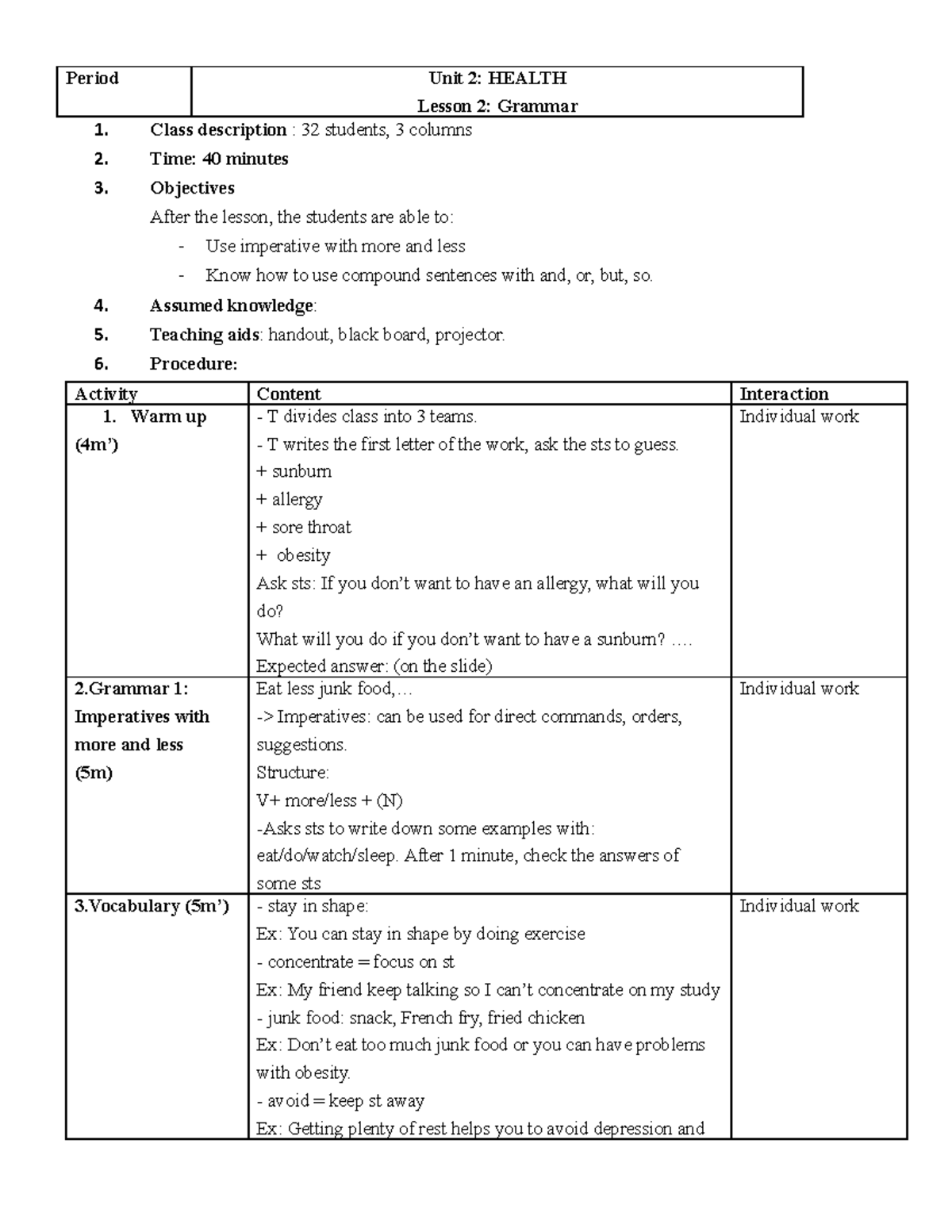 English 7 unit 2 Grammar lesson plan - Period Unit 2: HEALTH **Lesson 2 ...