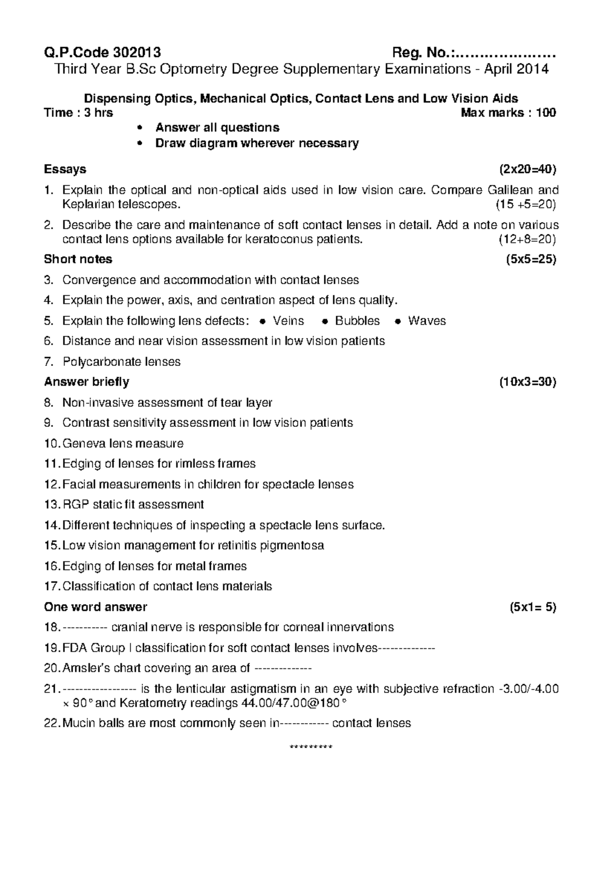 Kuhs Third Year Bsc Optometry Exam April 2014 Dispensing Optics